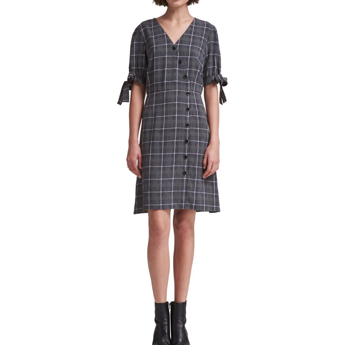 DKNY Women's Short Sleeve Plaid Tie Sleeve V Neck Shirt Dress TEDO | eBay