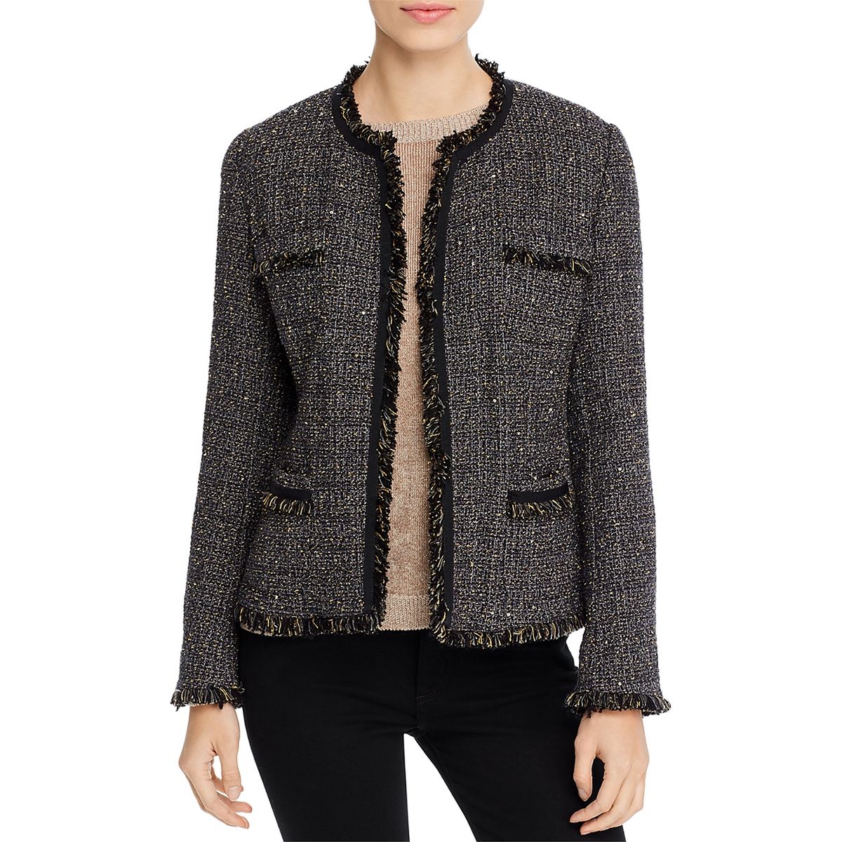 MAXMARA WEEKEND Women's Black Multi Fringed Open-front Tweed Jacket Top ...