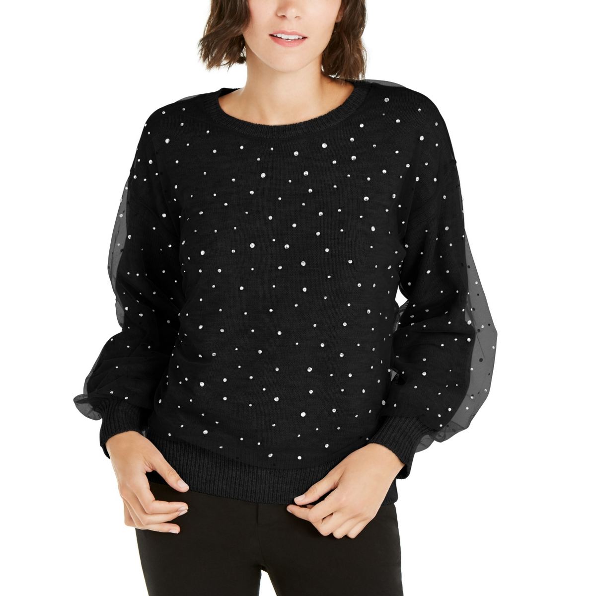 INC NEW Women's Rhinestoned Mesh Overlay Crewneck Sweater Top TEDO | eBay
